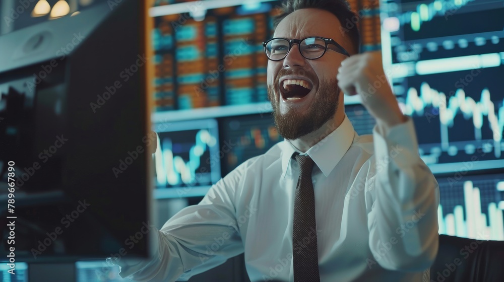 Happy stock trader is working by pc indoors and celebrating success ...