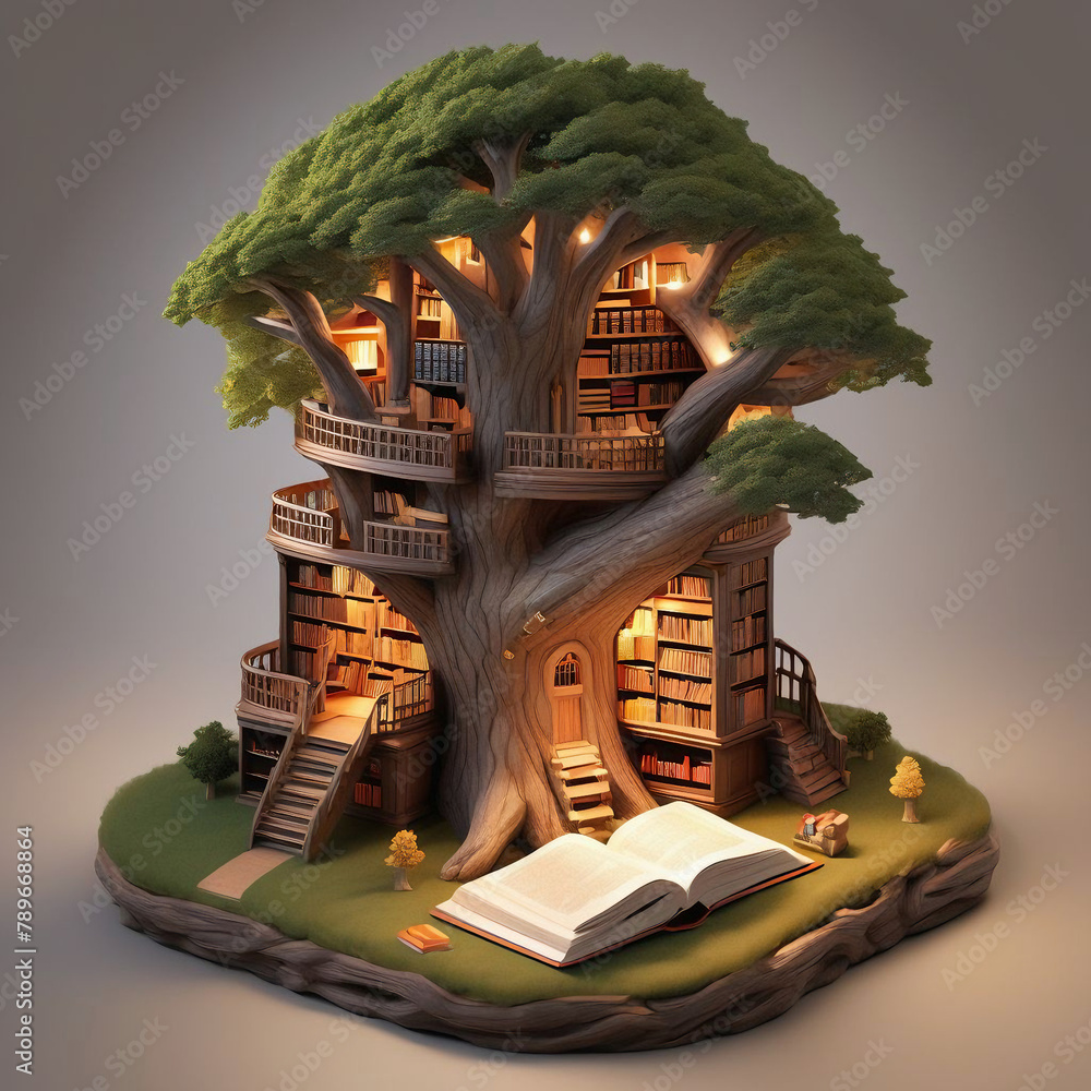 Detailed Isometric photorealistic image of a hidden library nestled ...