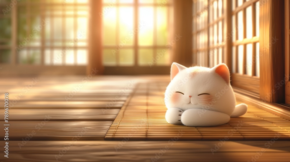 Tranquil white cat napping in a sunlit traditional Japanese room ...