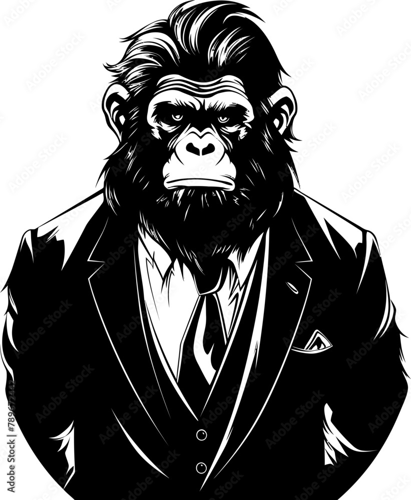 Corporate Class Long Haired Chimpanzee in Suit Emblem Formal Finesse ...