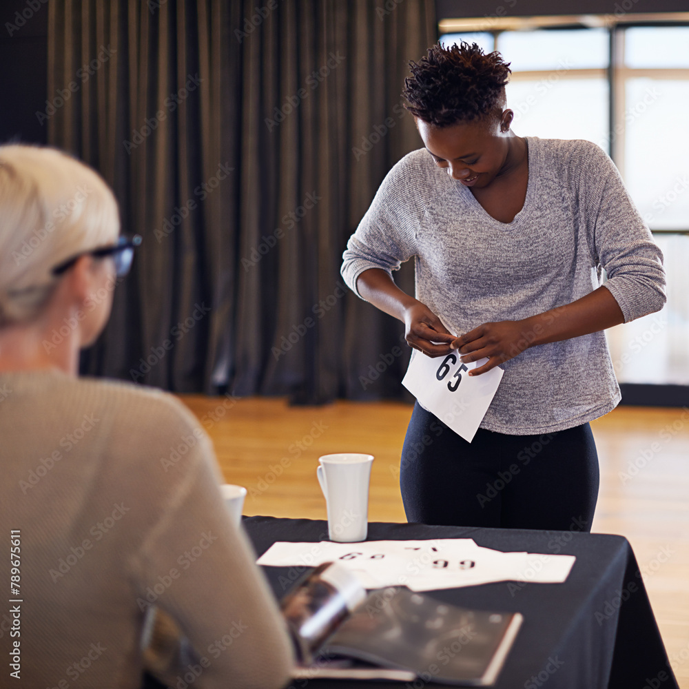 Black woman, dancer and number in audition for performance art ...