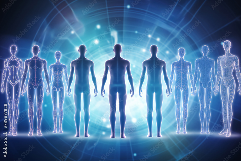 human silhouettes with lines marking body parts on futuristic blue ...