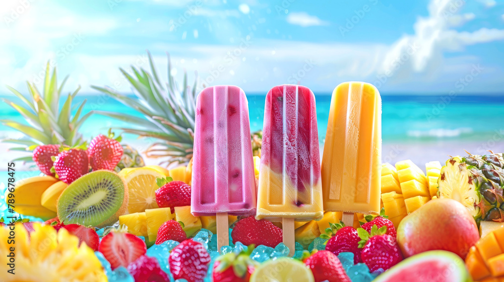 Colorful fruit popsicles with tropical fruits. Vibrant summer vibe ...