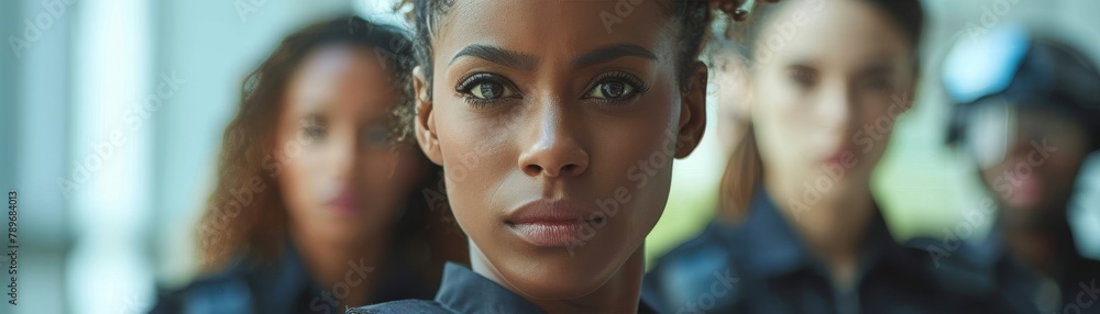 A close up of a young black police woman looking at the camera with her ...