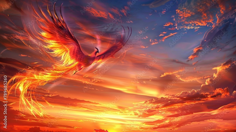 Craft an ethereal image of a phoenix soaring through a vibrant sunset ...