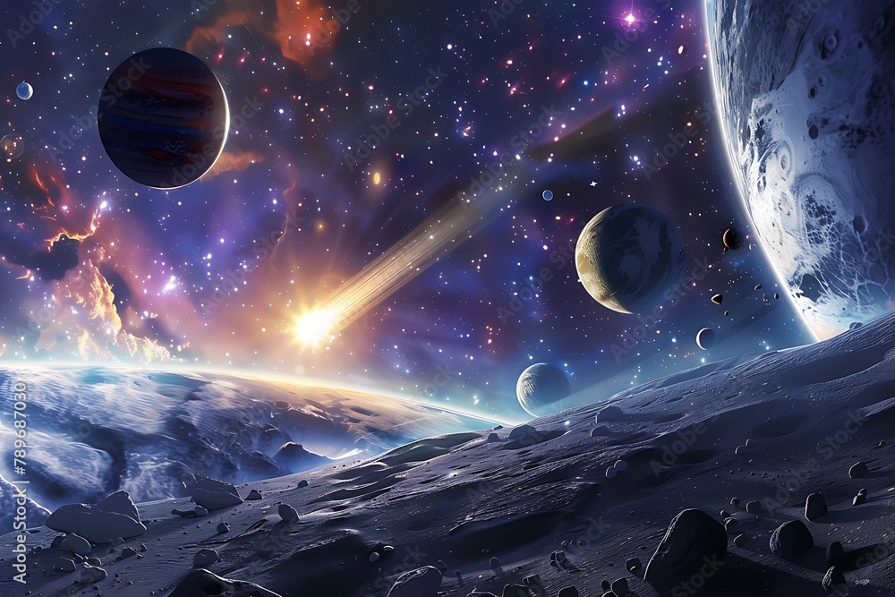 : A pyramid of planets in the cosmos with a comet striking the apex ...