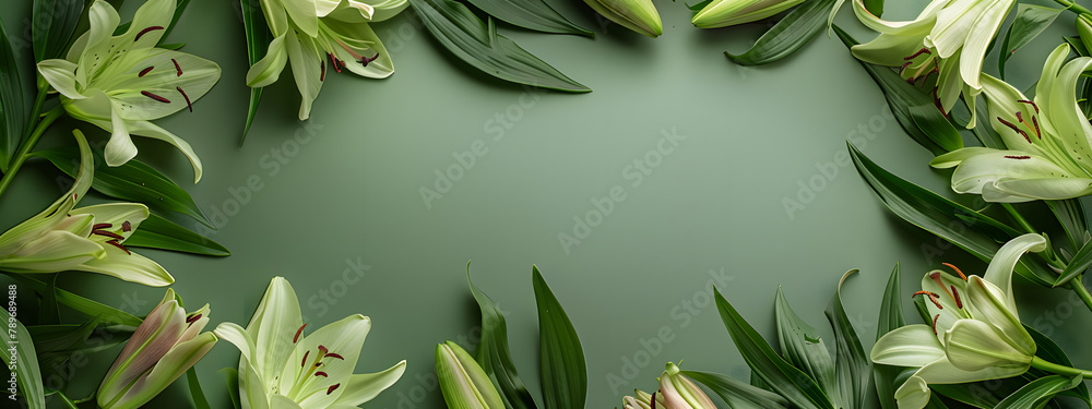 Green lilies border a frame on a green background with copy space. in a ...