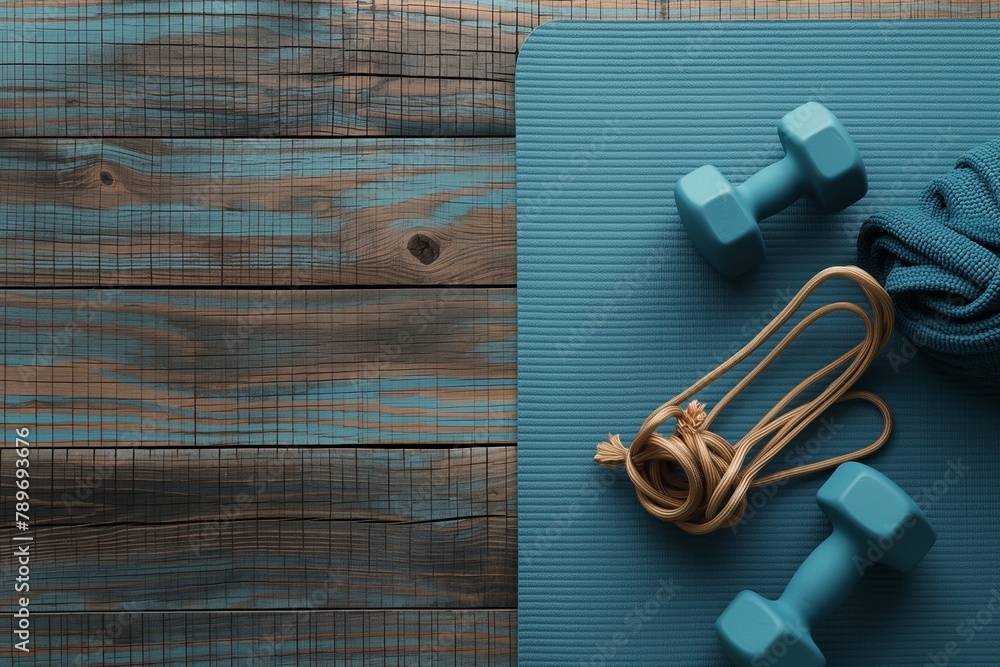Yoga mat dumbbell and jump rope top view, gym elements, gym background ...
