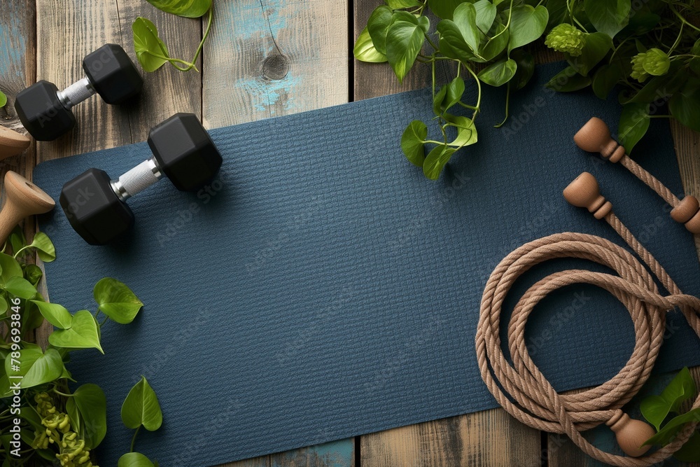 Yoga mat dumbbell and jump rope top view, gym elements, gym background ...