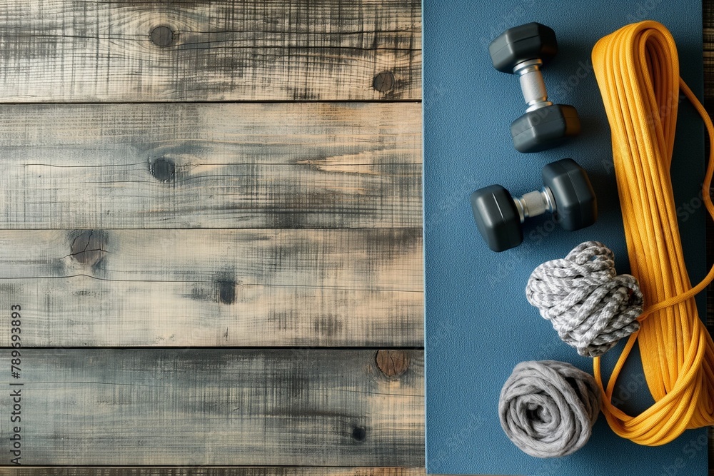 Yoga mat dumbbell and jump rope top view, gym elements, gym background ...