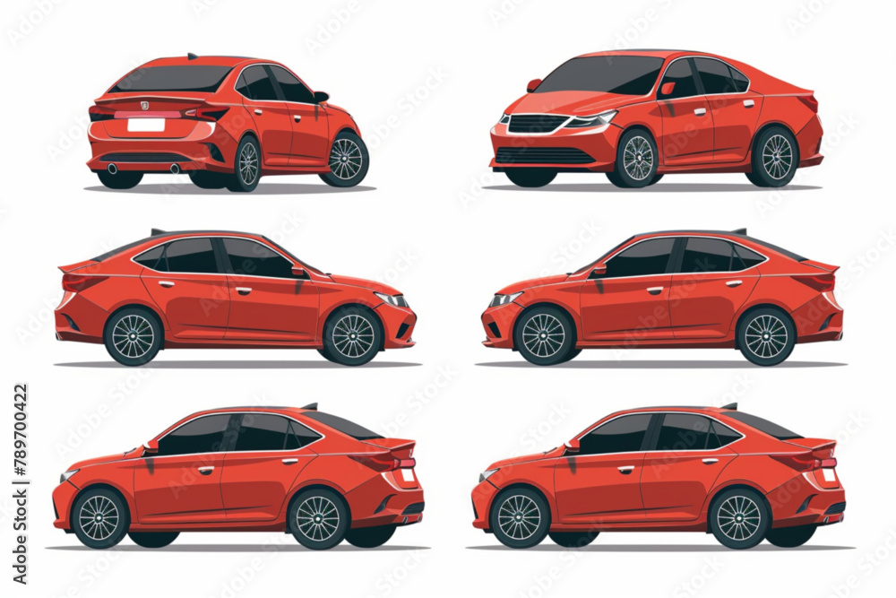 Set of different angles of a red car. City sport sedan view from the ...