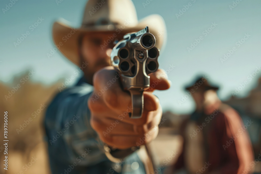 Cowboy prepares on gun fight, duel face to face in the wild west ...