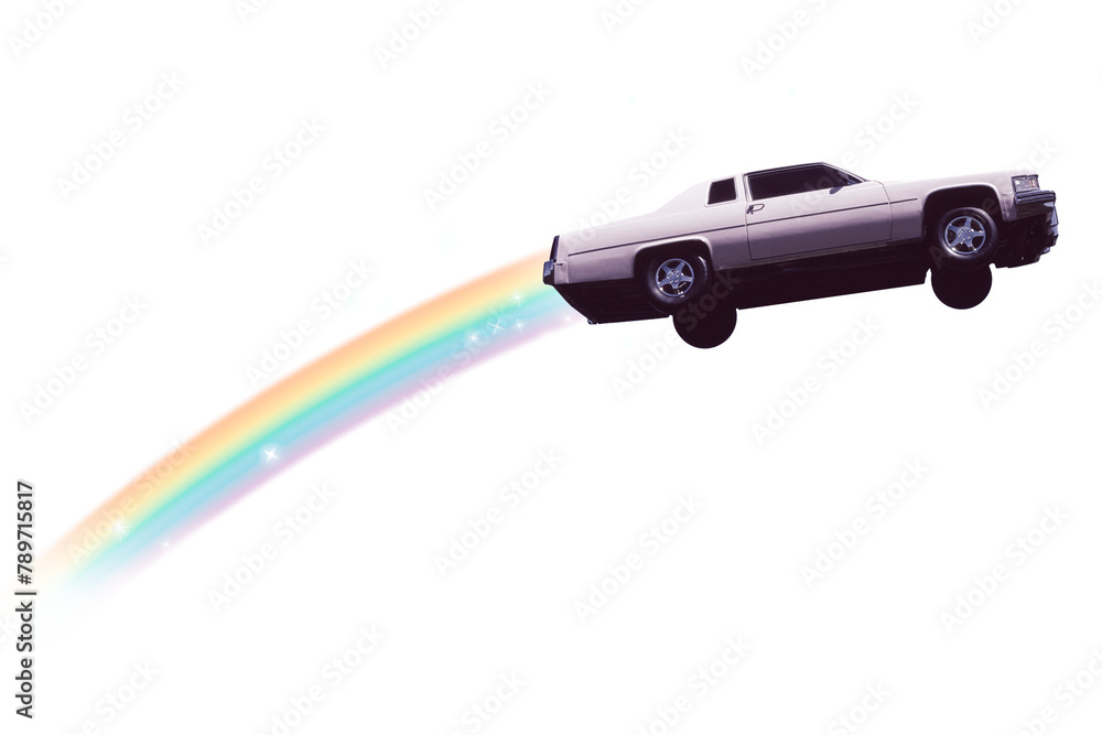 Png vintage flying car sticker, rainbow bling transparent background ...
