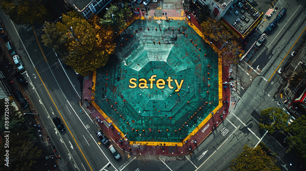 drone top view of "safety area" sign on the street, earthquake ...