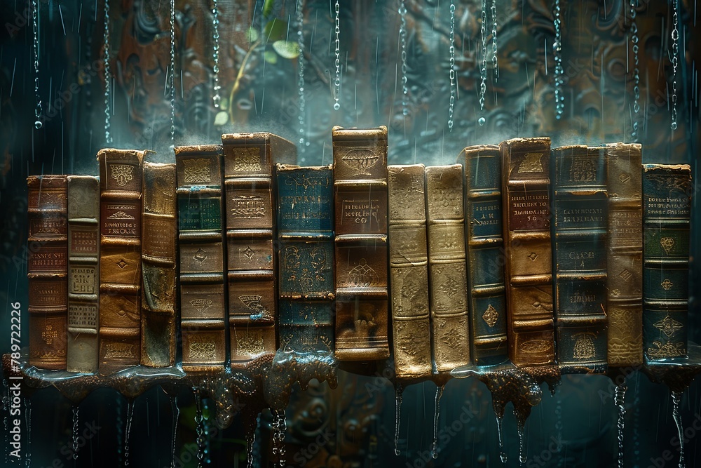 Step into an ethereal realm where old books hang suspended, creating a ...