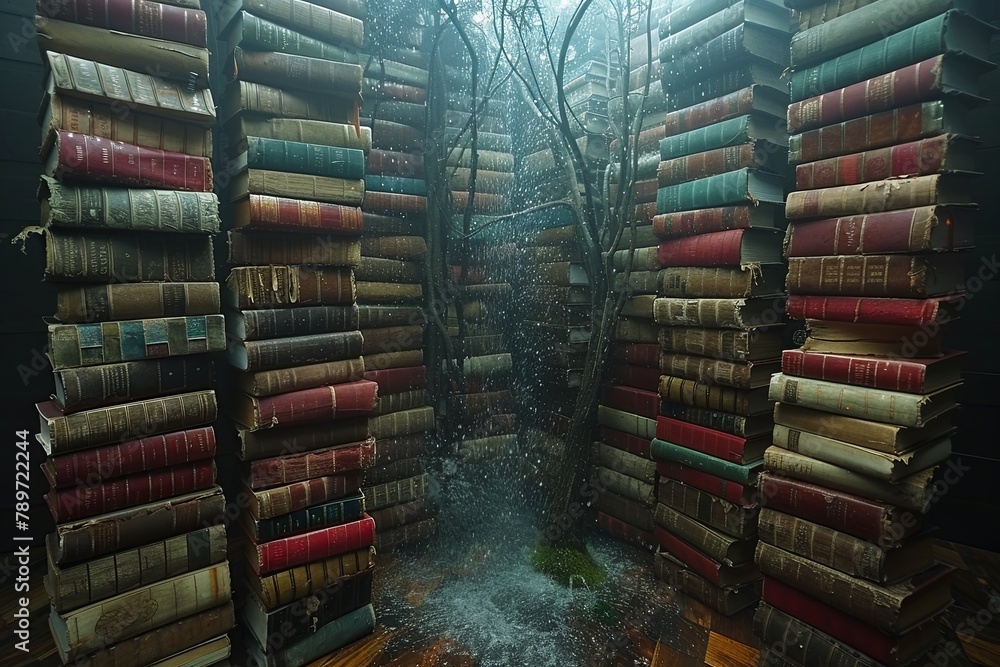 Step into an ethereal realm where old books hang suspended, creating a ...