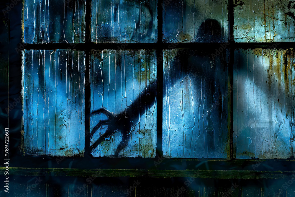 Spooky silhouette outside a grunge covered wet dirty window, scary ...
