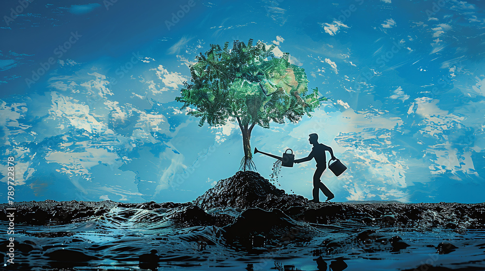 illustration of greedy man watering a tree with dollar sign, climate ...