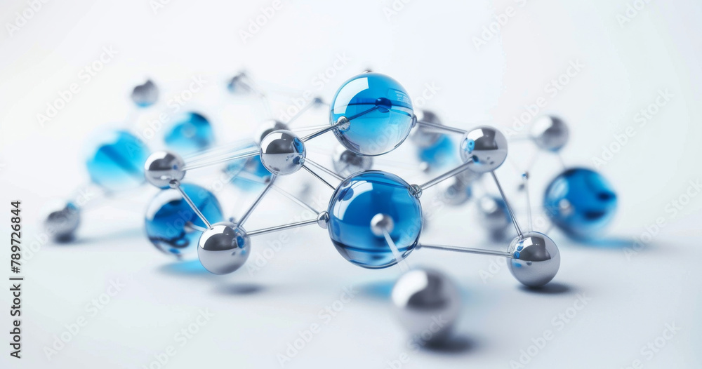 Science, research and 3d molecule of water, atom and structure for ...
