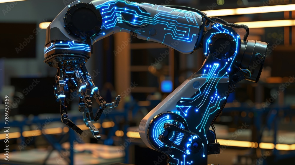Showcases a detailed setup of a robotic arm controlled by AI, with ...