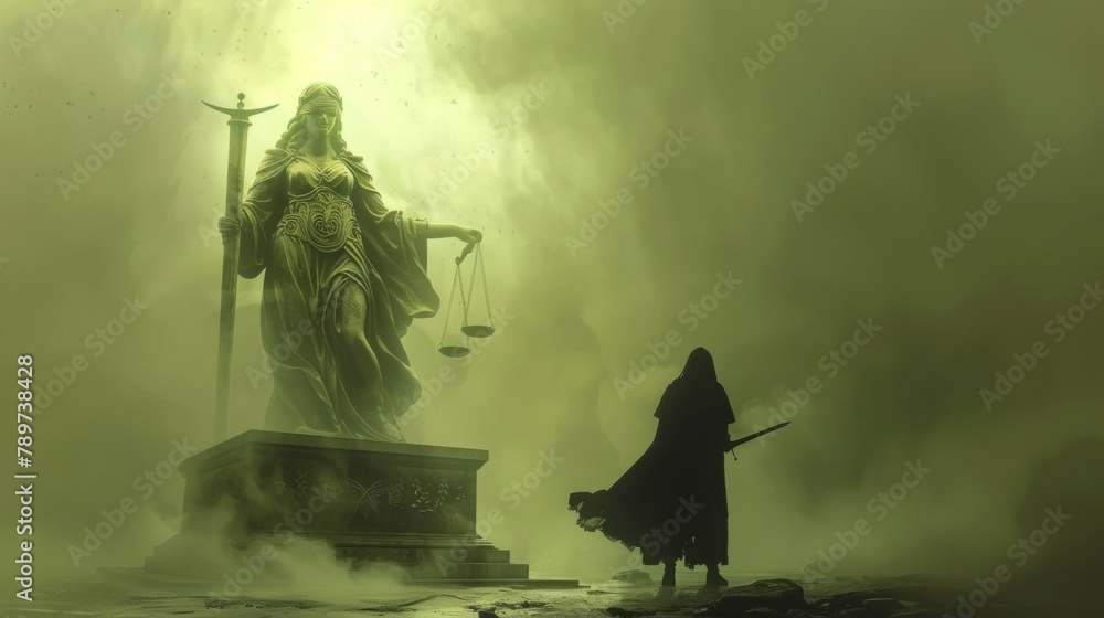 A dreamlike scene of a solitary figure shrouded in fog and cloaked in ...