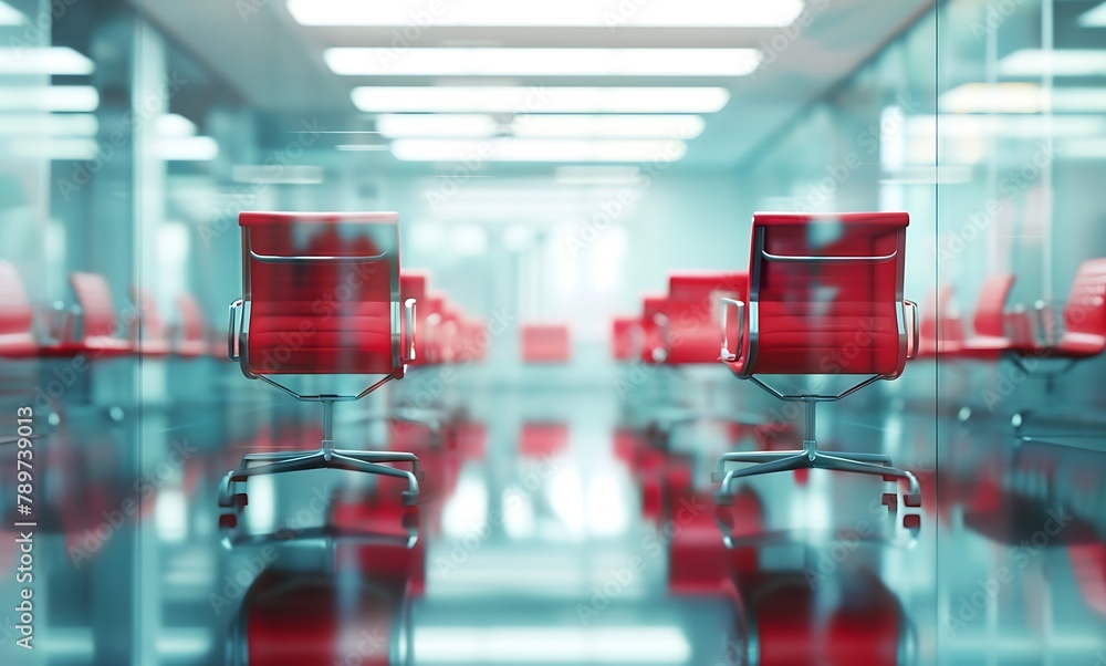 Blurred office interior background with glass walls and red colored ...