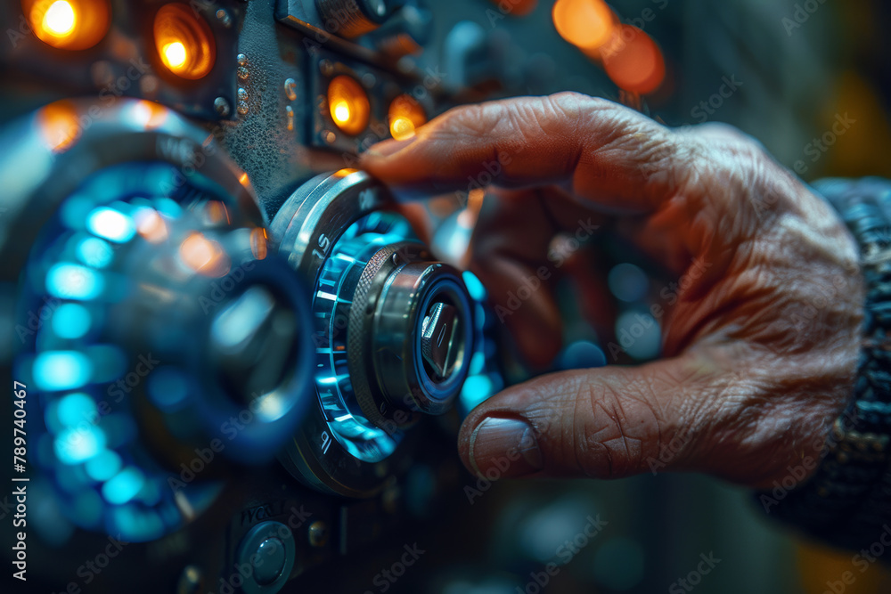 Combination safe, future lock and hand with person turning dial to ...