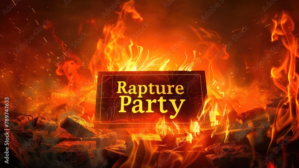 Fiery scene with sign saying "Rapture Party" amidst flames and debris ...