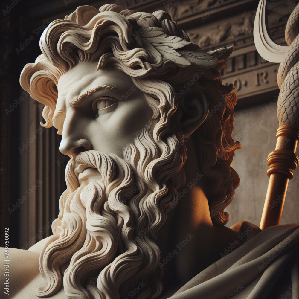 Handsome marble statue of powerful greek god Zeus over dark background ...