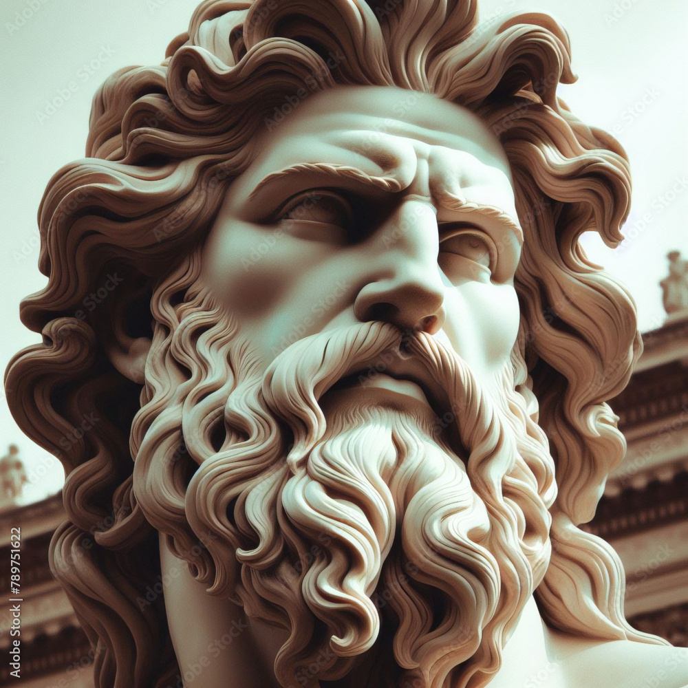 Handsome marble statue of powerful greek god Zeus over dark background ...