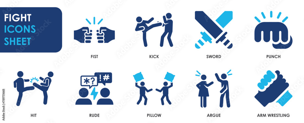 Fight icon vector set. Symbol of fight, sword, hit, arm wrestling and ...
