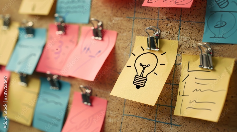 A post-it note, featuring a light bulb drawing, is pinned to a bulletin ...