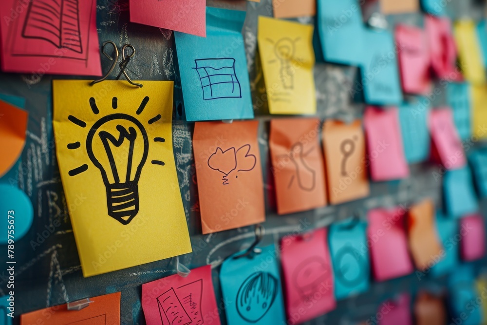 A post-it note, featuring a light bulb drawing, is pinned to a bulletin ...