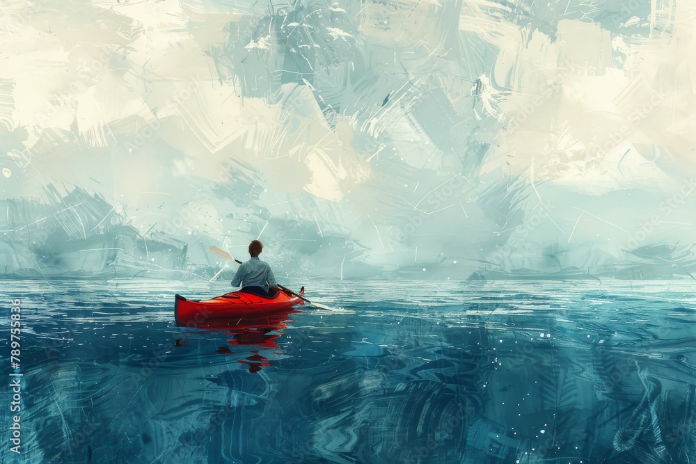 An abstract illustration depicts a lone adventurer in a canoe, drifting ...