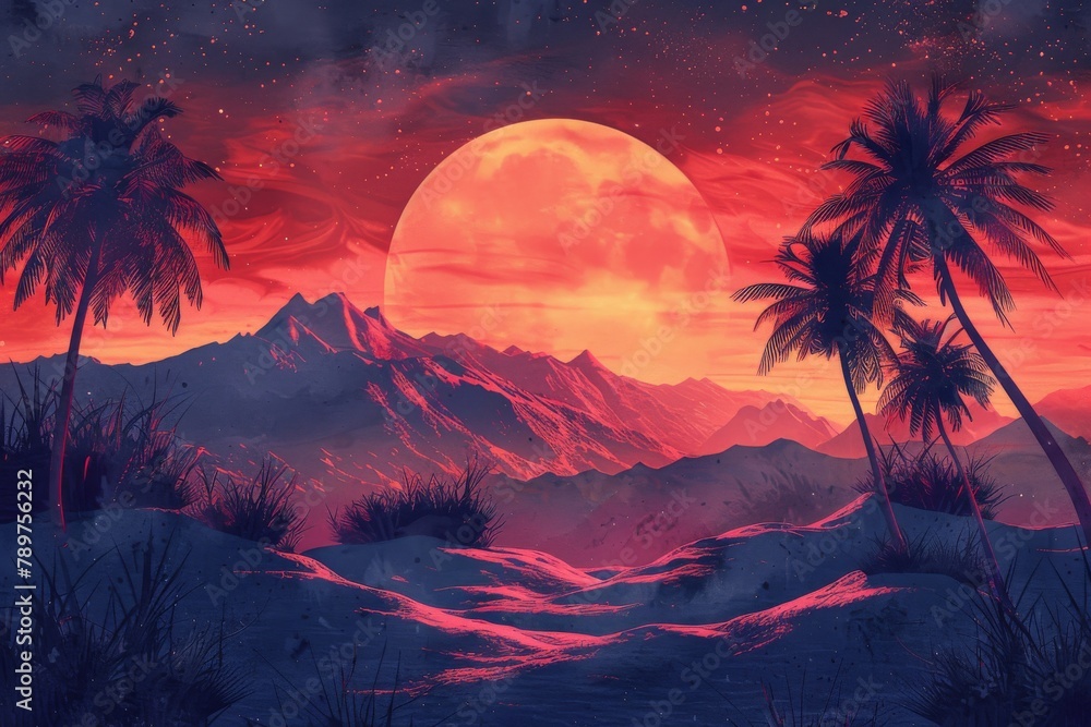 A digital illustration captures a desert sunset landscape, complete ...