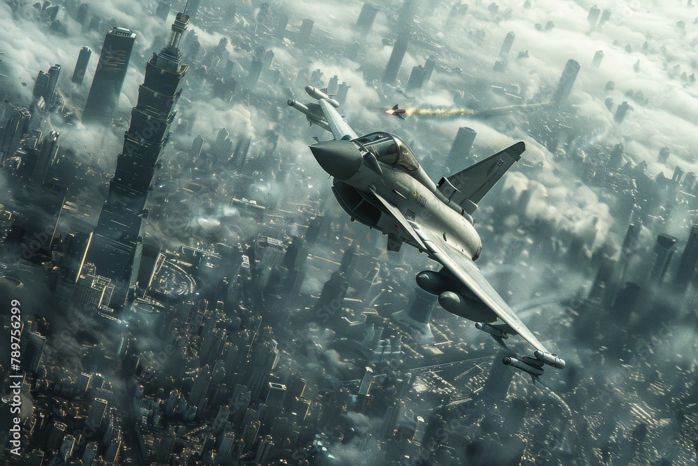 Fighter jets dropping bombs on a large city. The concept of modern war ...