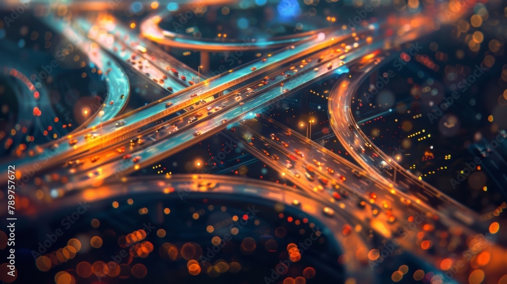 Softly blurred landscape of interconnected roads and highways ...