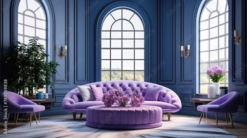 Blue tufted curved sofa, pouf and lounge chair against violet paneling ...