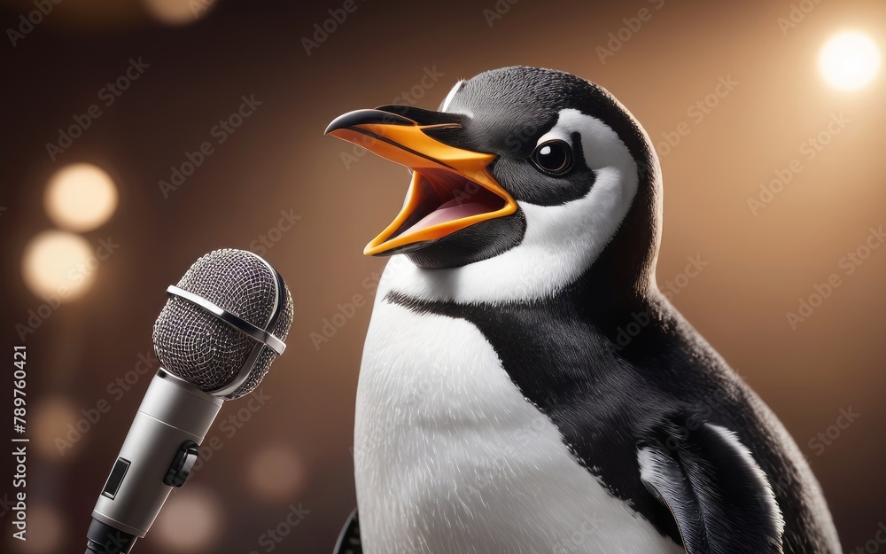 penguin sings karaoke into vintage microphone screaming into microphone ...