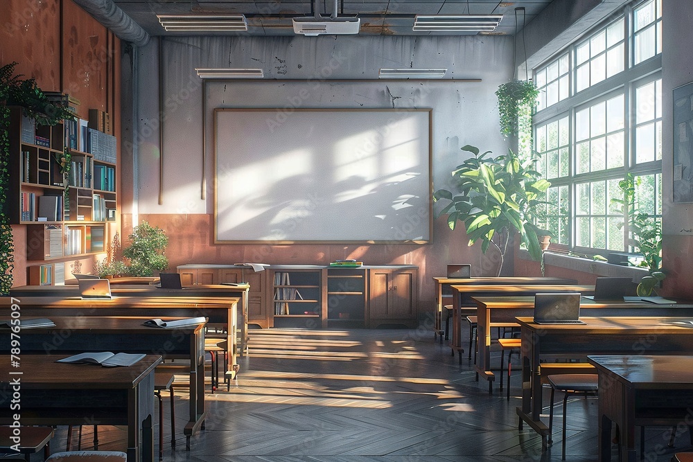 Create an ad where a classroom is styled a modern classroom from the ...