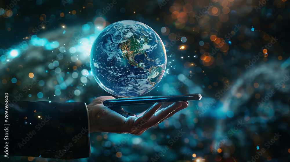 The image shows a hand with a digital tablet holding the glass planet ...