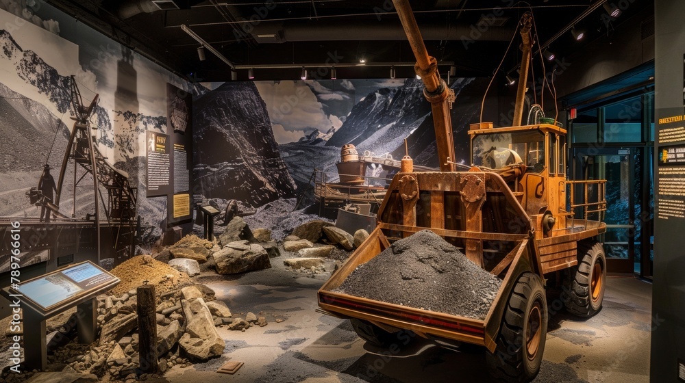 A museum exhibit dedicated to mining with displays of old tools ...