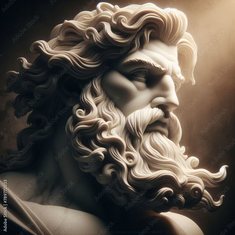 Handsome marble statue of powerful greek god Zeus over dark background ...