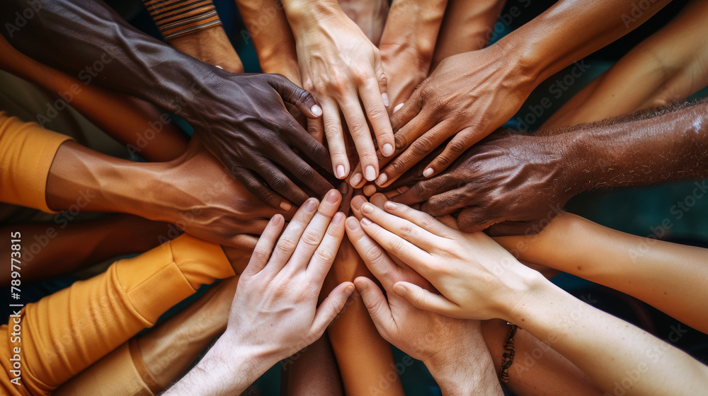People, diversity and hands together with team for unity, solidarity or ...