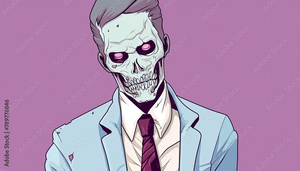 A headshot of a male zombie wearing a suit and tie. The zombie's face ...