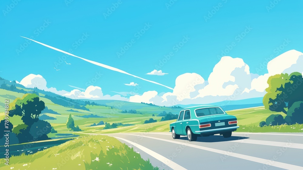 An animated flat cartoon car cruising through a lush green landscape ...