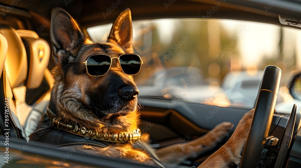 Rich cool dog driving a luxury model super sports car, wearing ...