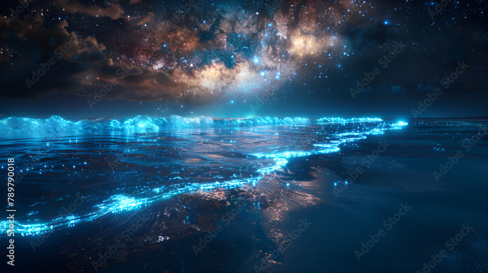 light blue beach covered with colored glowing glass, fluorescent ocean ...