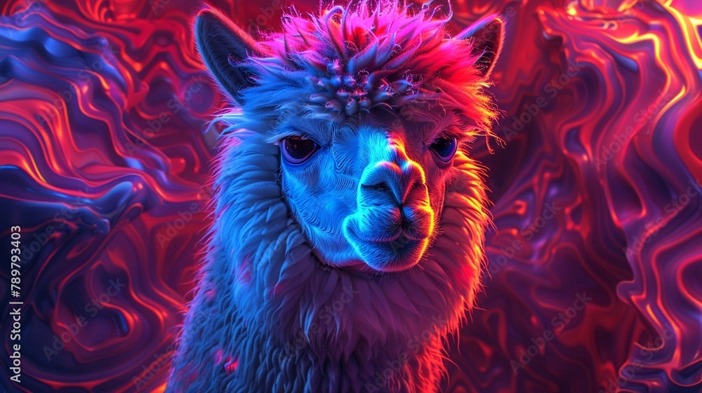 Neonlit alpaca, glowing with phantasmal iridescent tones, amidst a ...