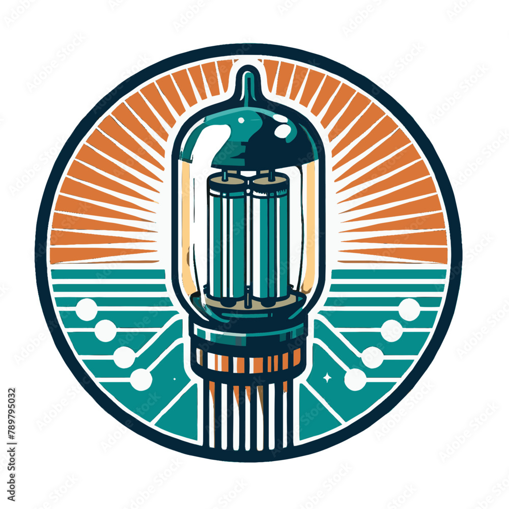 Vintage style vacuum tube icon encircled by a decorative badge ...